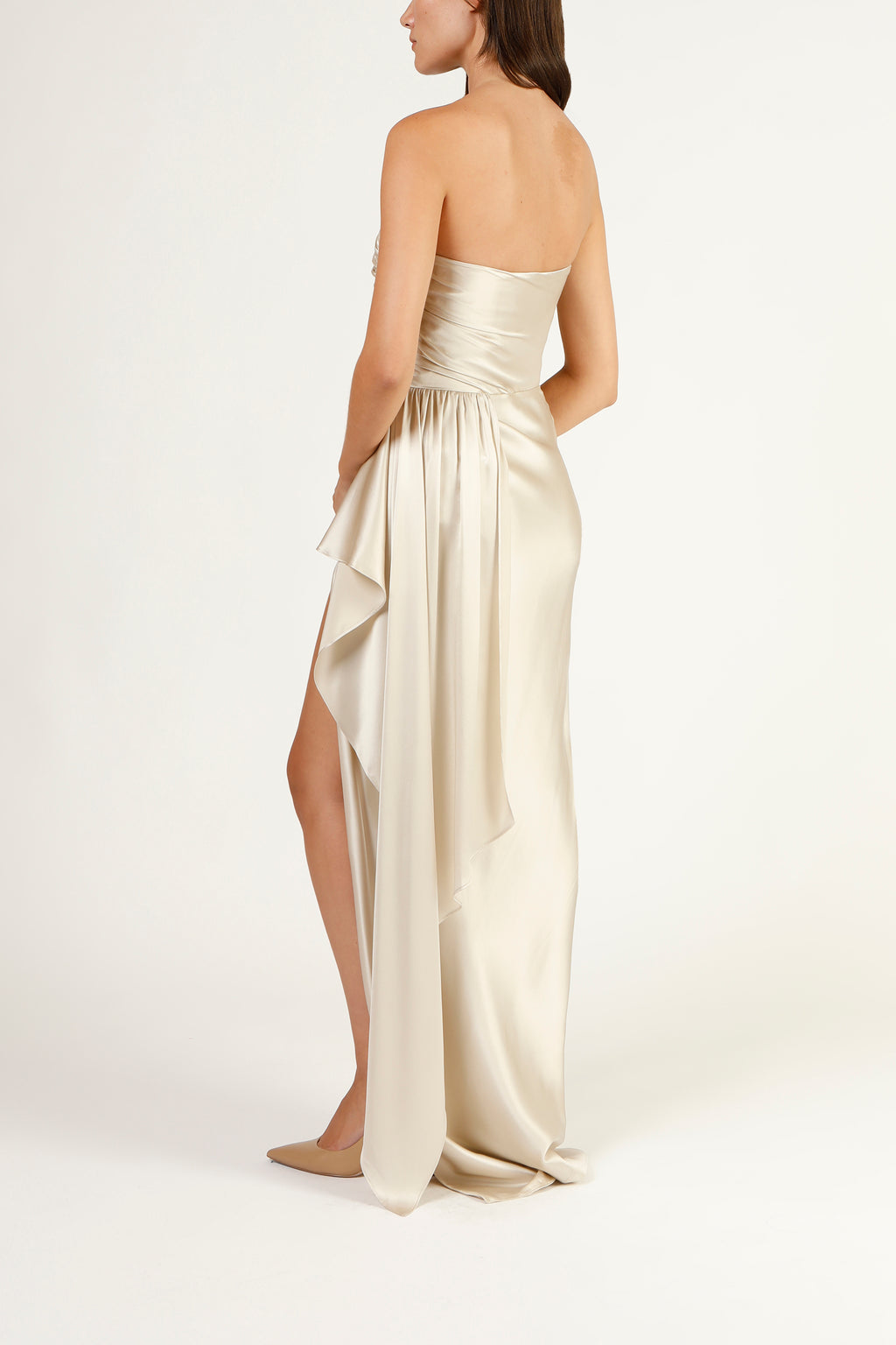 Strapless gathered gown with cascade - pearl – Michelle Mason
