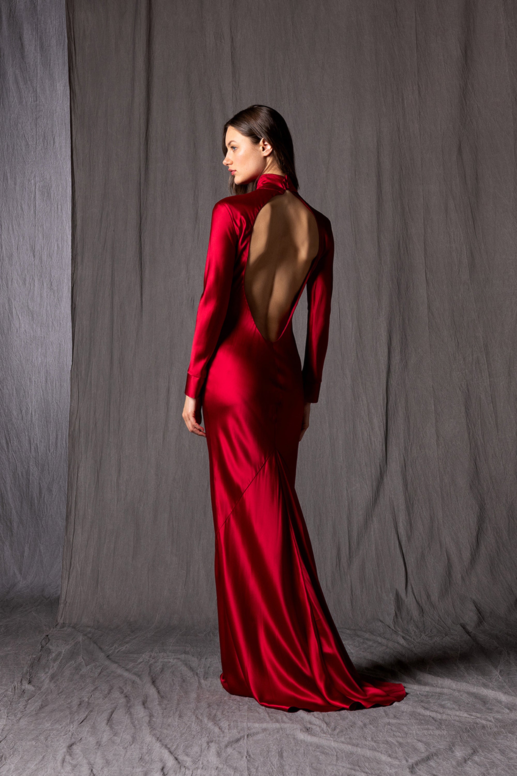 Open back long sleeve gown - ruby – Michelle Mason