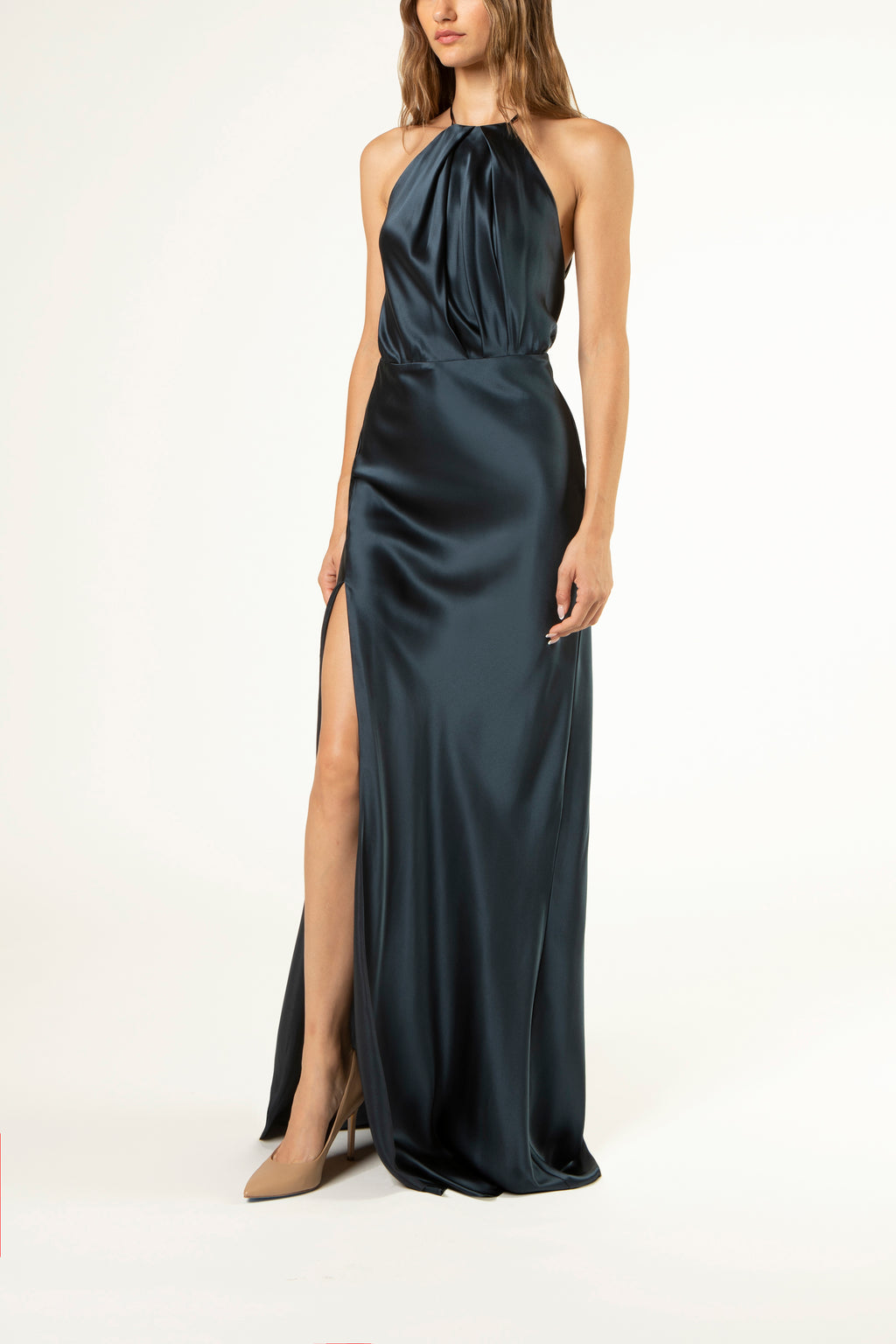 Pleat halter gown with slit - carbon – Michelle Mason