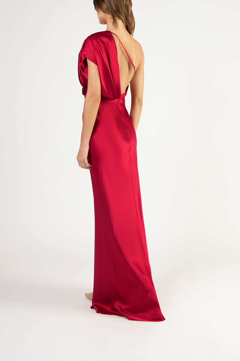 Asymmetrical open back draped gown - ruby – Michelle Mason